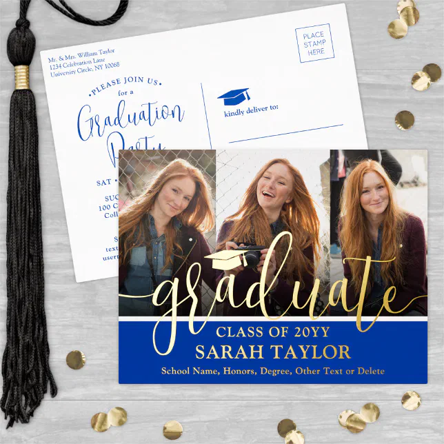 Graduation Party Royal Blue 3 Photo Modern Script Foil Invitation ...