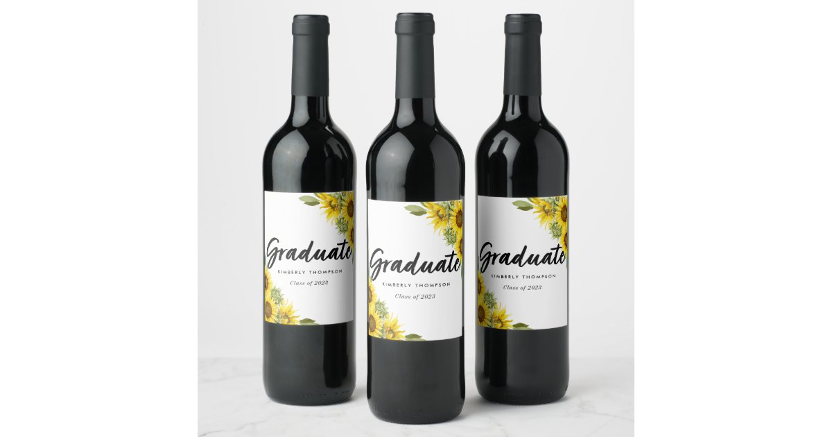 Graduation Party Script Celebration Sunflower Chic Wine Label | Zazzle