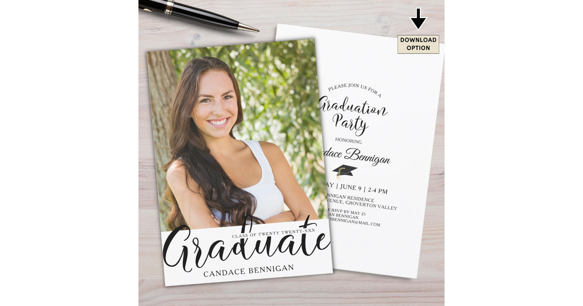 Graduation Party Script Graduate Photo Black White Invitation | Zazzle
