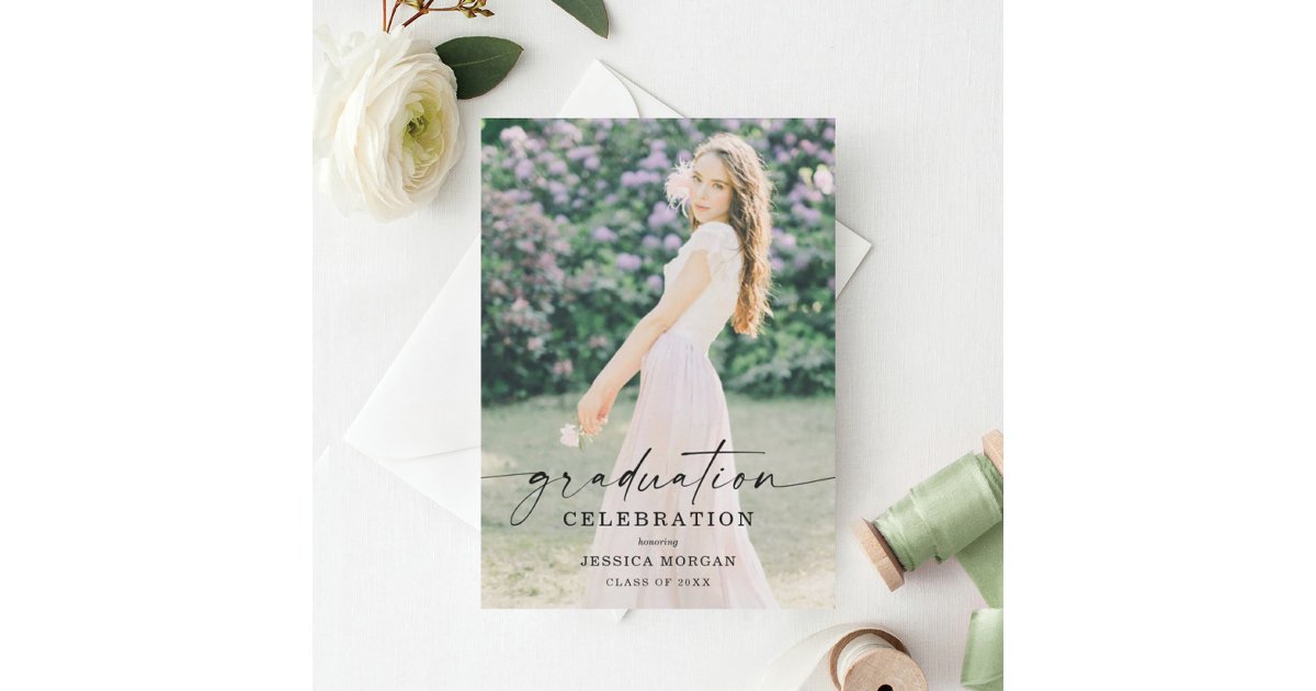 Graduation Party Script with Photo Greenery Invitation | Zazzle