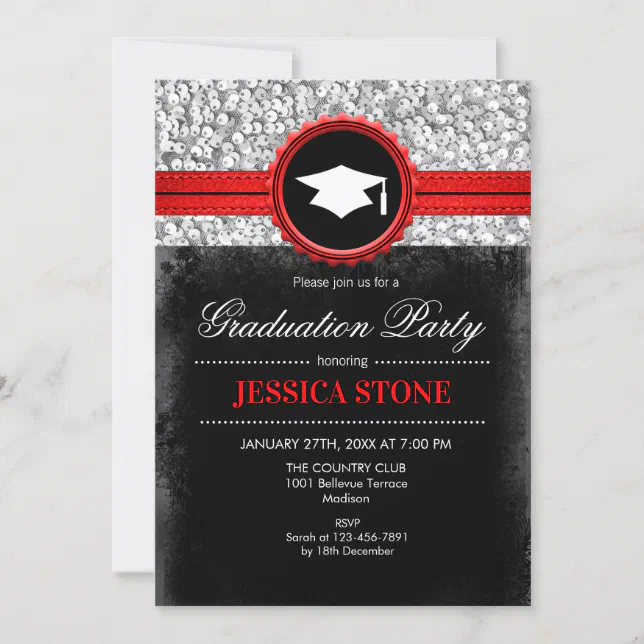 Graduation Party - Silver Black Red Invitation | Zazzle