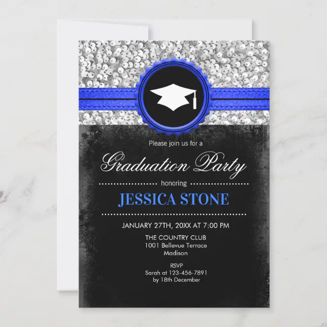 Graduation Party - Silver Black Royal Blue Invitation | Zazzle