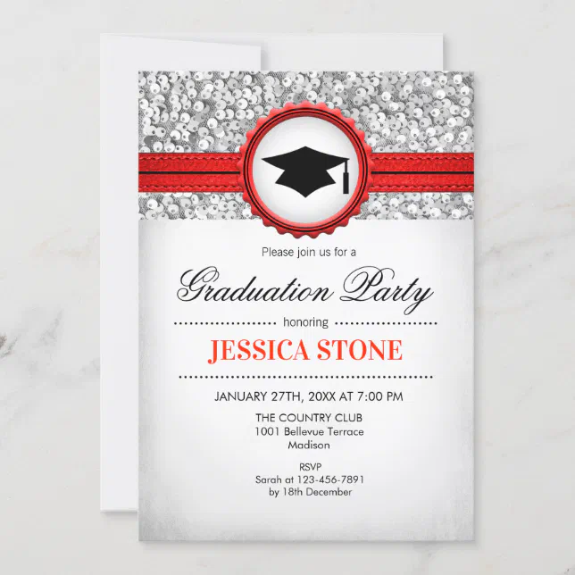 Graduation Party - Silver White Red Invitation | Zazzle