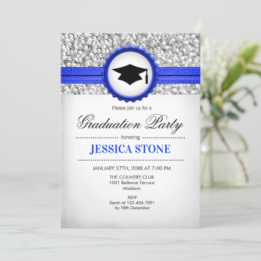 Graduation Party - Silver White Royal Blue Invitation | Zazzle