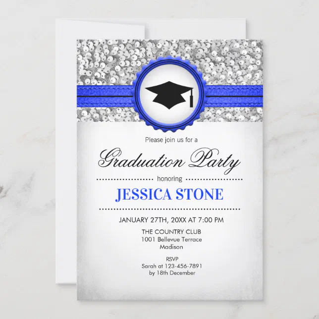 Graduation Party - Silver White Royal Blue Invitation | Zazzle