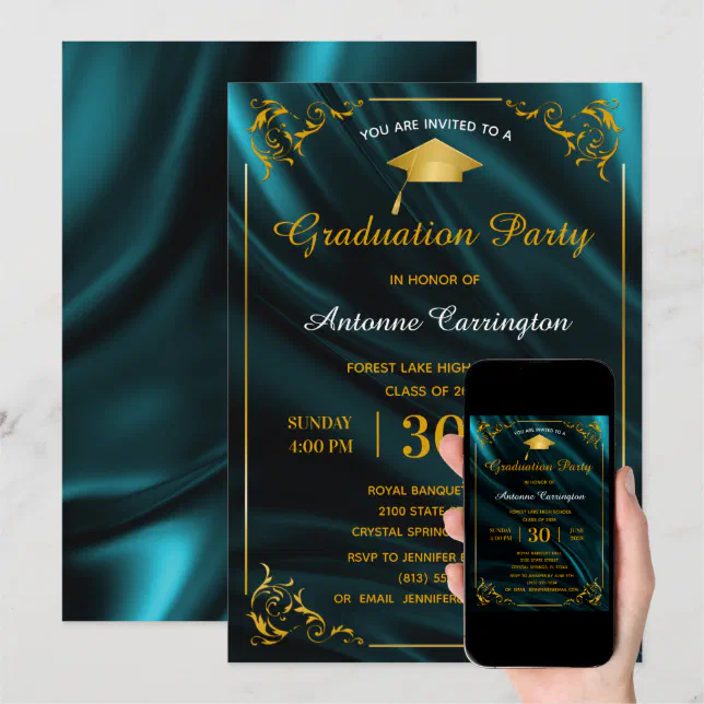 Graduation Party Sparkle Teal Satin Flourish Frame Invitation | Zazzle