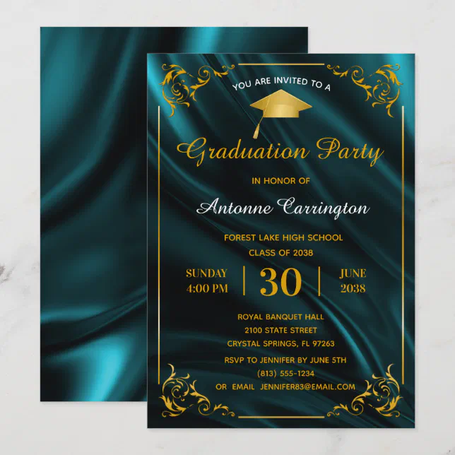 Graduation Party Sparkle Teal Satin Flourish Frame Invitation | Zazzle