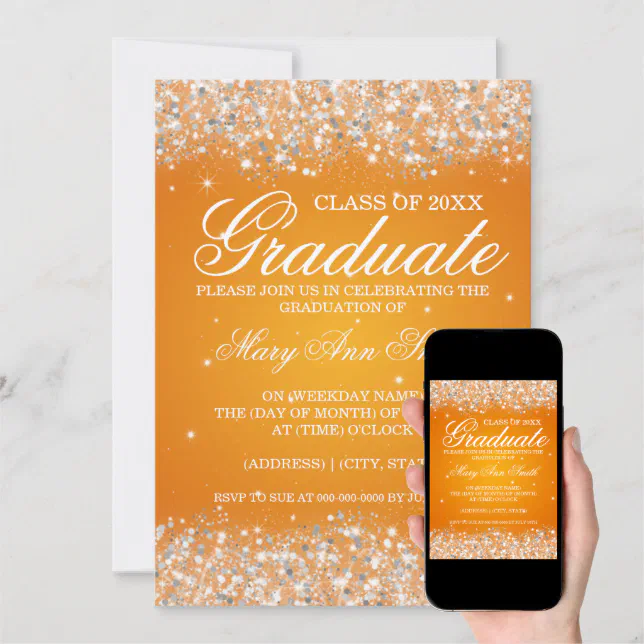 Graduation Party Sparkling Glitter Orange Invitation | Zazzle