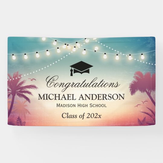Graduation Party String Lights Summer Palm Trees Banner | Zazzle.com
