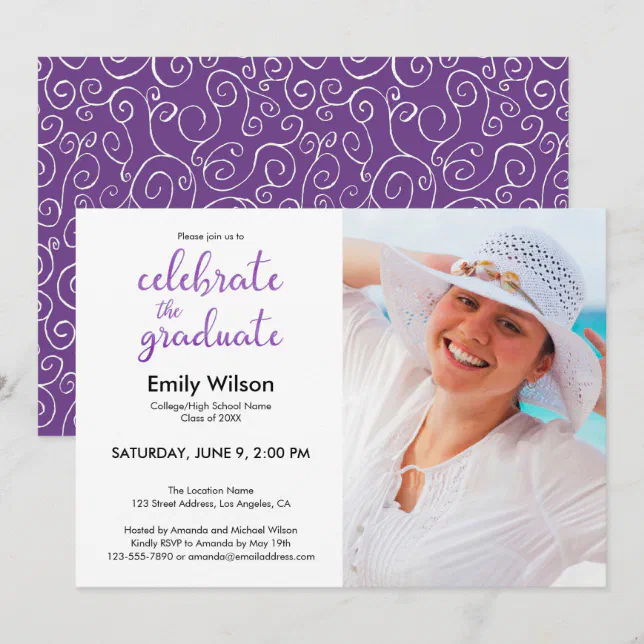 Graduation Party Violet Script Pattern Photo Invitation | Zazzle