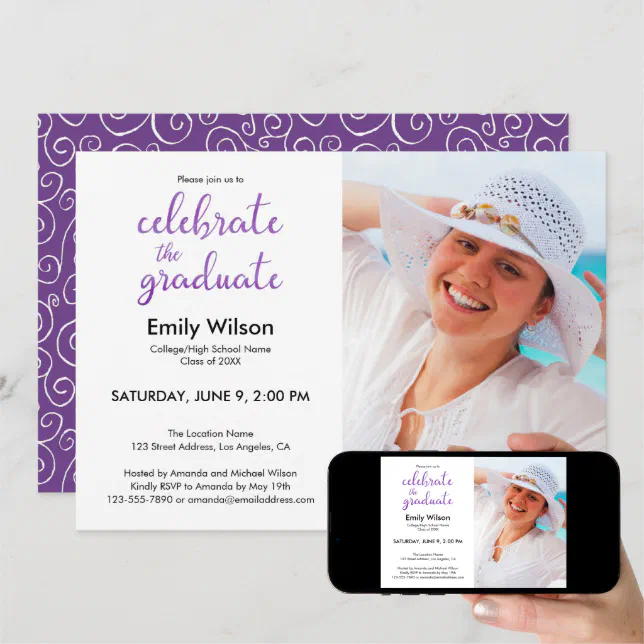 Graduation Party Violet Script Pattern Photo Invitation | Zazzle