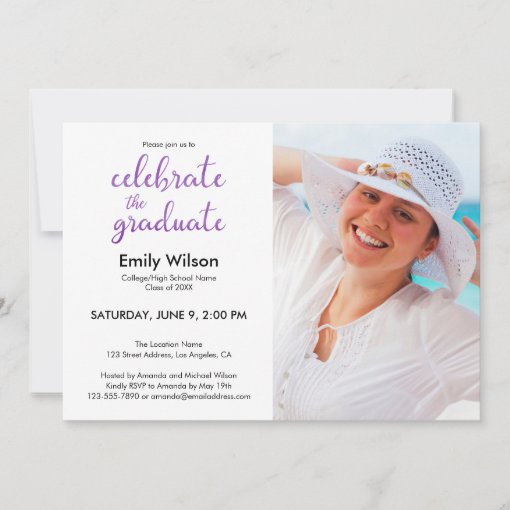 Graduation Party Violet Script Pattern Photo Invitation | Zazzle