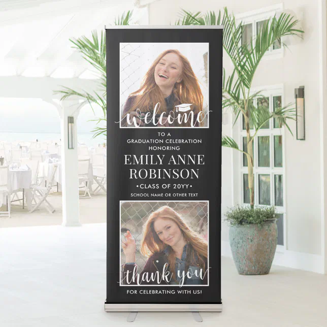 Graduation Party Welcome 2 Photo Black and White Retractable Banner ...
