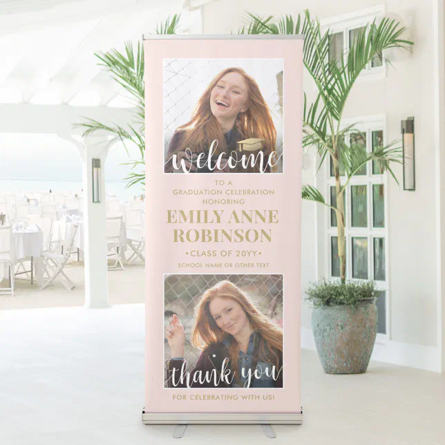Graduation Party Welcome 2 Photo Blush Pink & Gold Retractable Banner ...