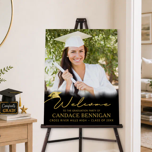 Graduation Party Welcome Black Gold Script Photo Foam Board | Zazzle