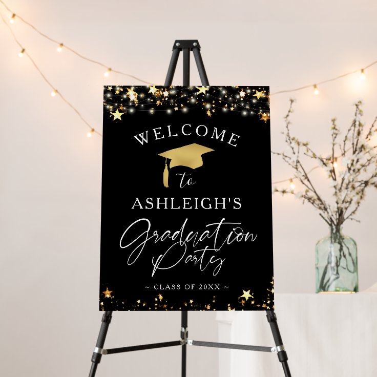 Graduation Party Welcome Black Gold Script Stars Foam Board | Zazzle