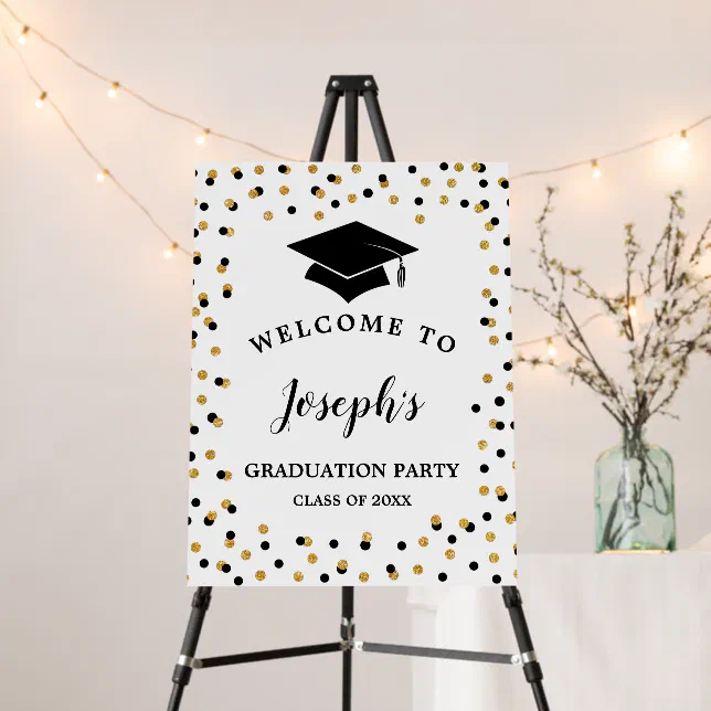 Graduation Party Welcome Sign Black & Gold Glitter | Zazzle
