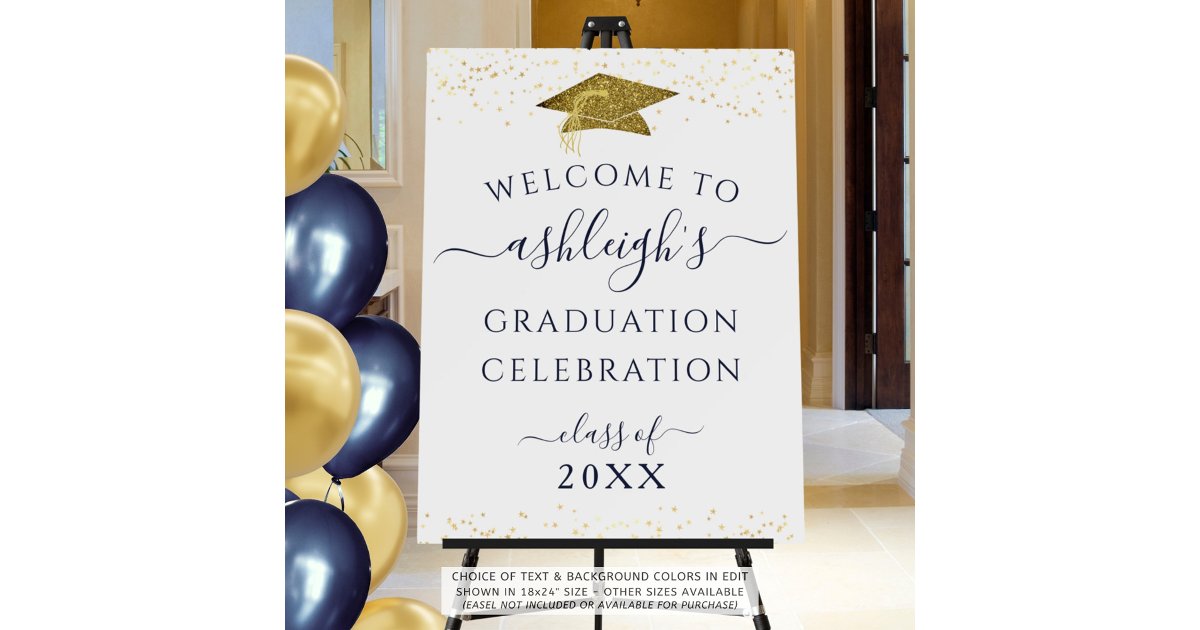 Graduation Party Welcome Sign Navy Gold Glitter | Zazzle