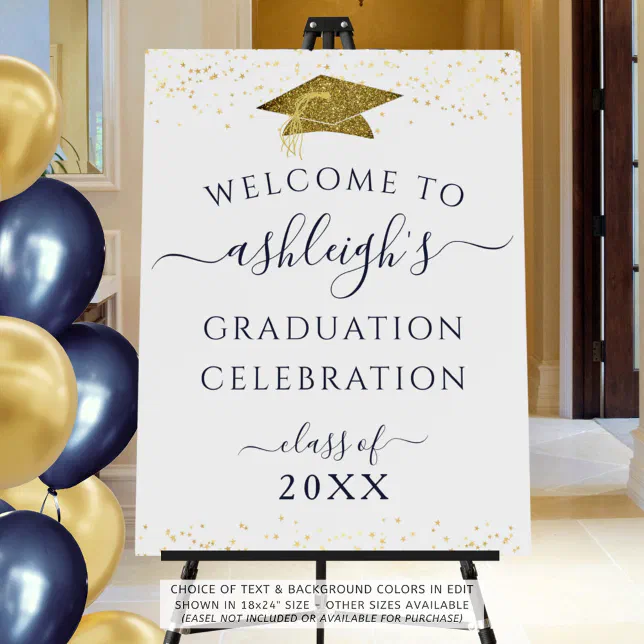 Graduation Party Welcome Sign Navy Gold Glitter | Zazzle