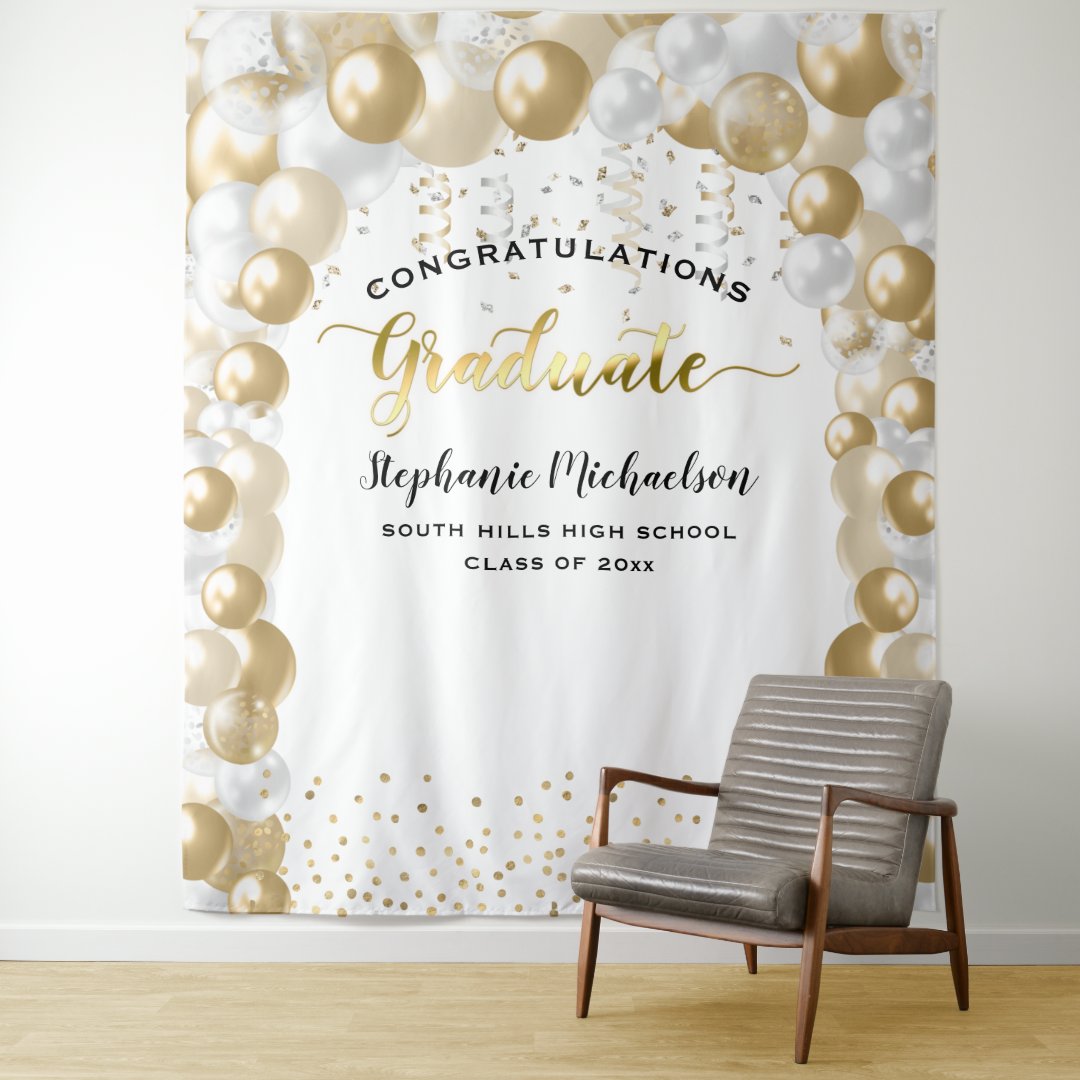 Graduation Party White Gold Balloons Streamer Tapestry | Zazzle