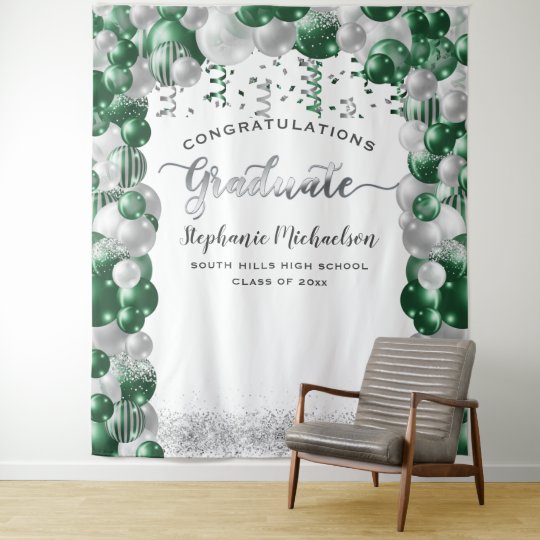 Graduation Party White Green Balloons Streamer Tapestry | Zazzle.com