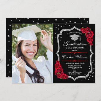 Graduation Party With Photo - Black Silver Red Invitation | Zazzle