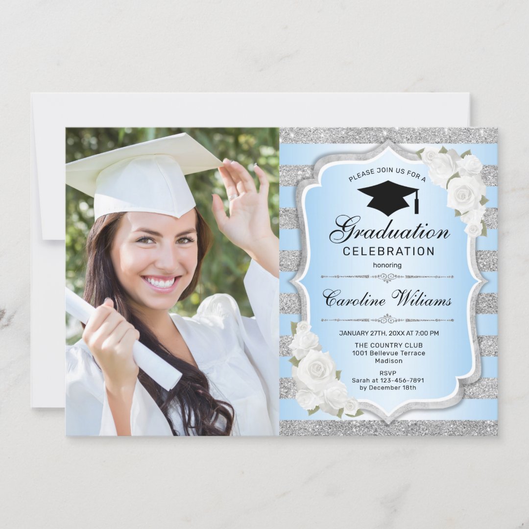 Graduation Party With Photo - Blue Silver Invitation | Zazzle