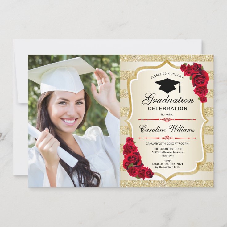Graduation Party With Photo - Gold Red Invitation | Zazzle