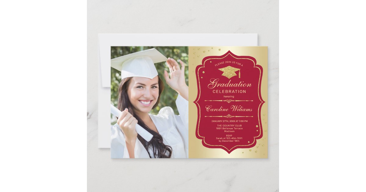 Graduation Party With Photo - Gold Red Invitation | Zazzle