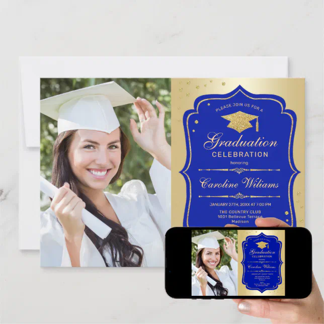 Graduation Party With Photo - Gold Royal Blue Invitation | Zazzle