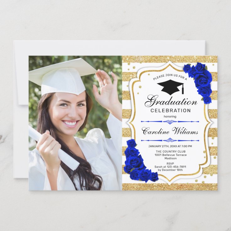 Graduation Party With Photo - Gold Royal Blue Invitation | Zazzle