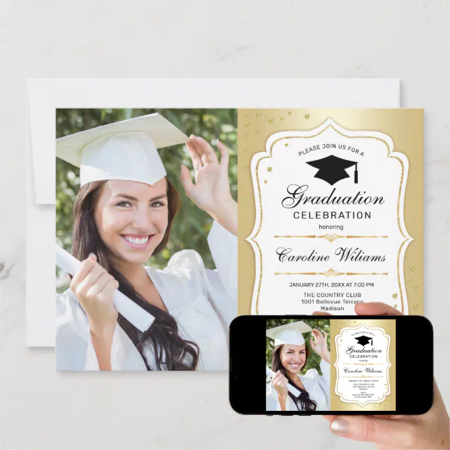 Graduation Party With Photo - Gold White Invitation | Zazzle