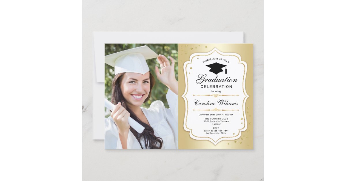 Graduation Party With Photo - Gold White Invitation | Zazzle