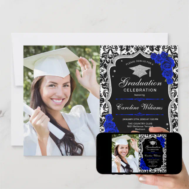 Graduation Party With Photo - Royal Blue Silver Invitation | Zazzle