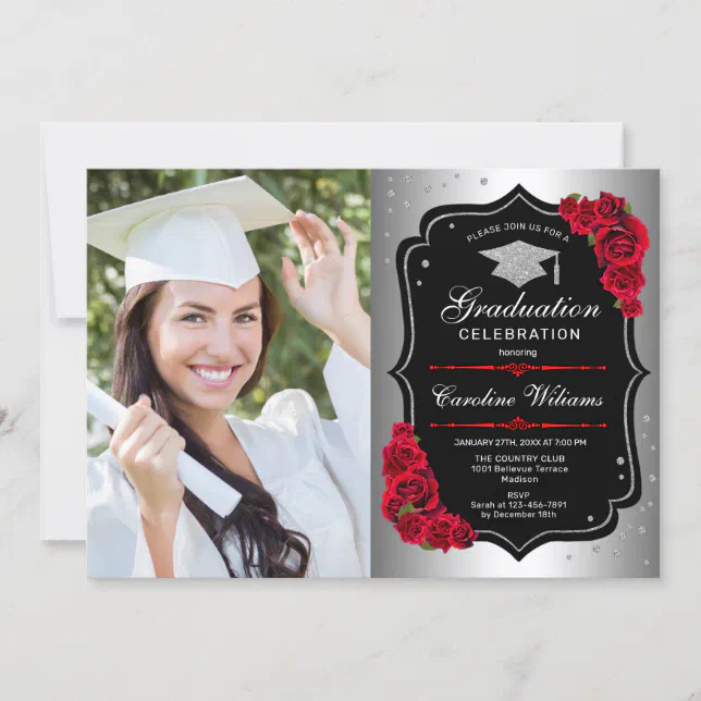 Graduation Party With Photo - Silver Black Red Invitation | Zazzle