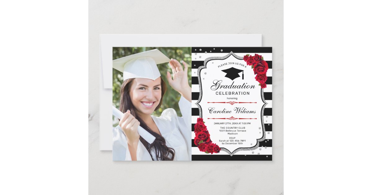 Graduation Party With Photo - Silver Red Black Invitation | Zazzle