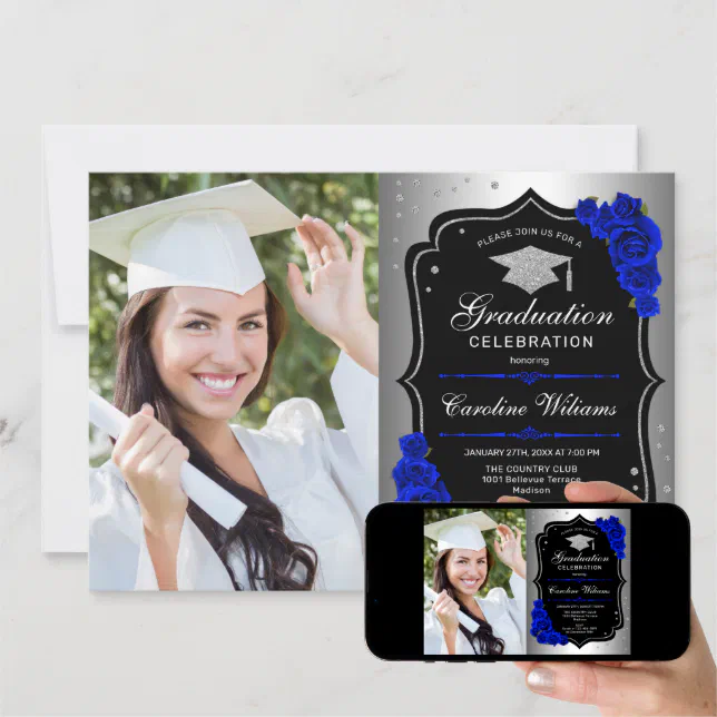 Graduation Party With Photo - Silver Royal Blue Invitation | Zazzle