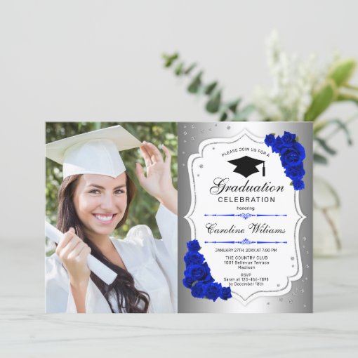Graduation Party With Photo - Silver Royal Blue Invitation | Zazzle