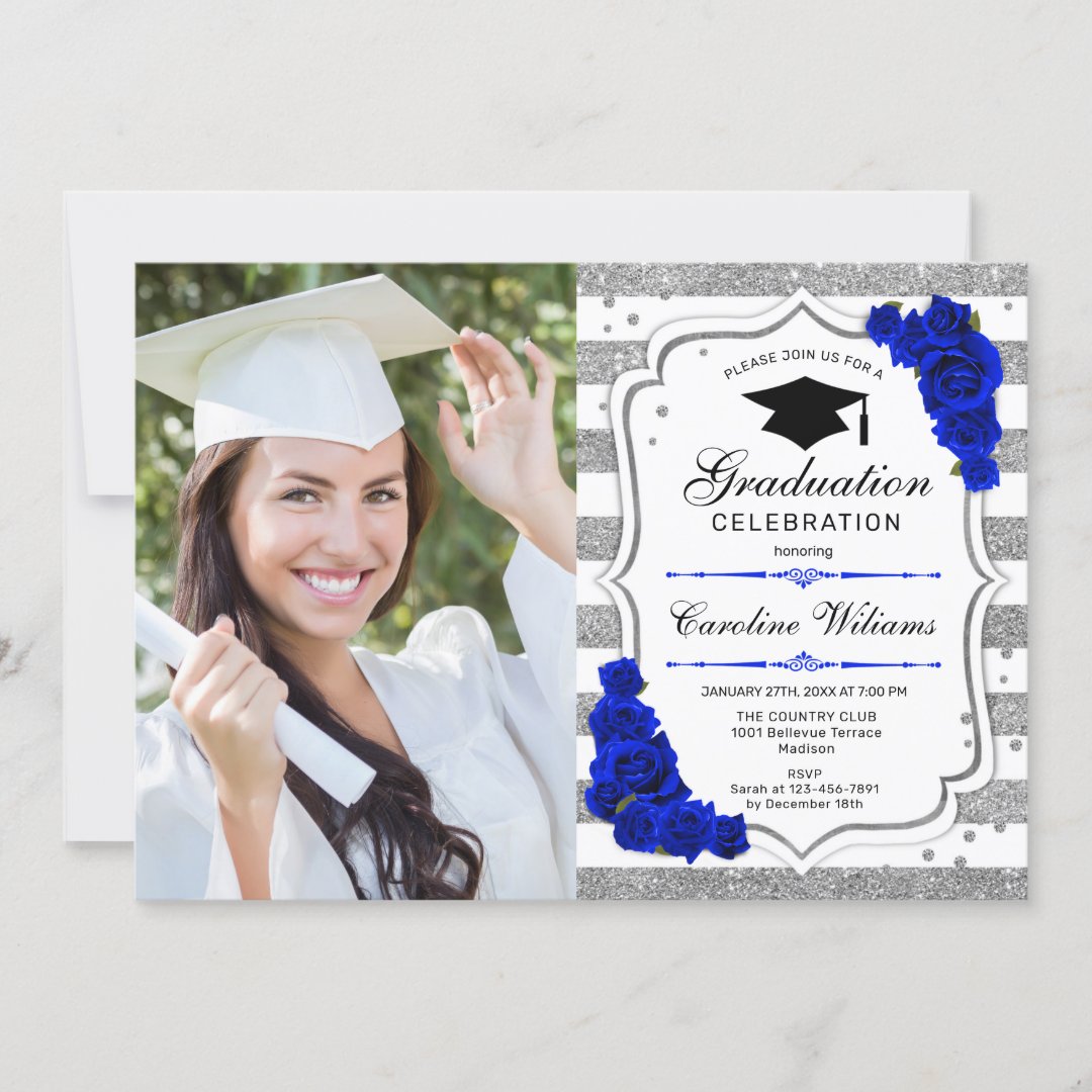 Graduation Party With Photo - Silver Royal Blue Invitation | Zazzle