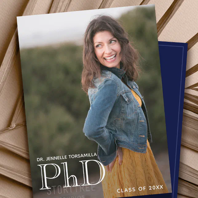 Graduation PhD Announcement Photo White Blue | Zazzle
