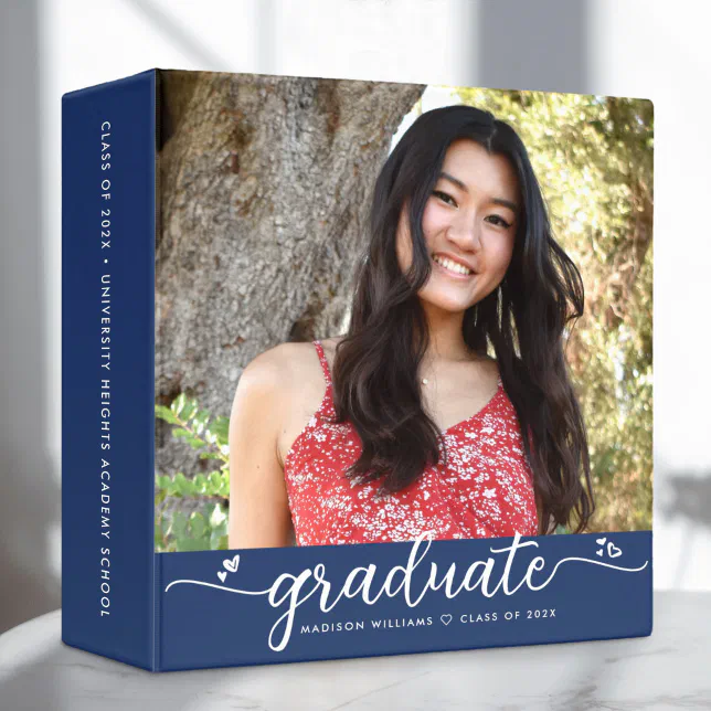 Graduation Photo Album Blue Modern Script Hearts 3 Ring Binder | Zazzle