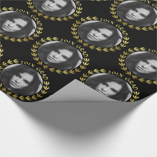 Graduation Photo | Black Gold Laurel Wreath Custom Wrapping Paper | Zazzle
