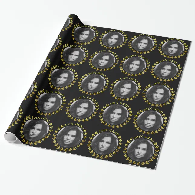 Graduation Photo | Black Gold Laurel Wreath Custom Wrapping Paper | Zazzle