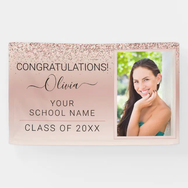 Graduation Photo Blush Pink Glitter Class of 2022 Banner | Zazzle