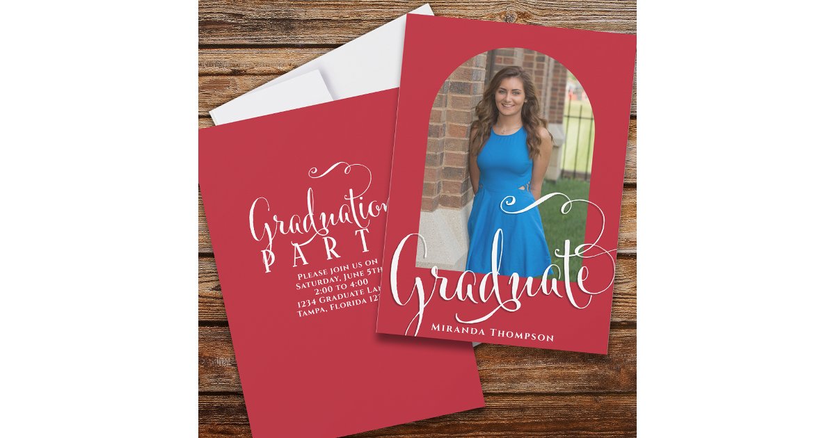 Graduation Photo Calligraphy Script Cardinal Red Invitation | Zazzle