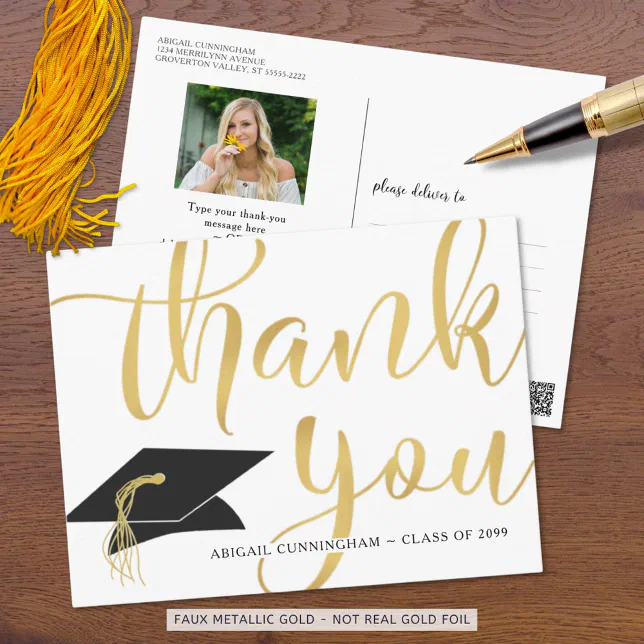Graduation Photo Calligraphy Script Gold Thank You Postcard | Zazzle