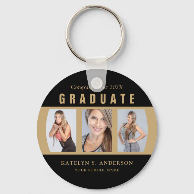 Graduation Photo Collage Black and Gold Custom Keychain | Zazzle