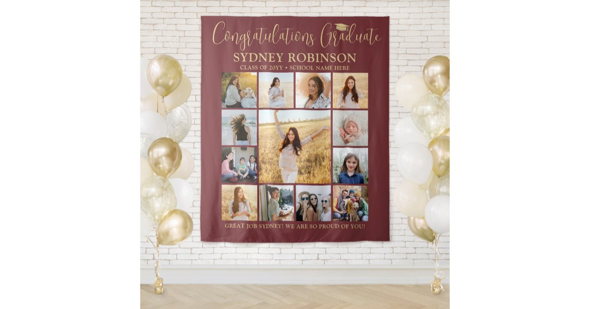 Graduation Photo Collage Burgundy & Gold Backdrop | Zazzle