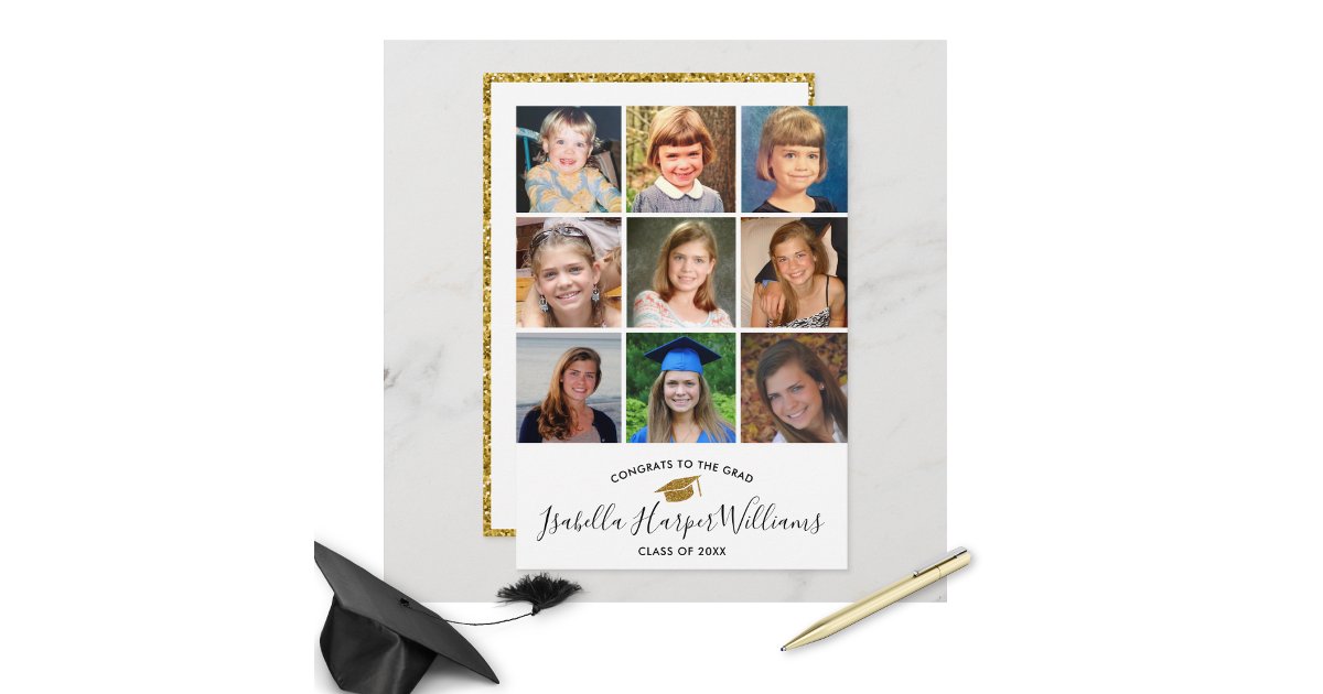 Graduation Photo Collage Gold Glitter Grad Party Invitation | Zazzle
