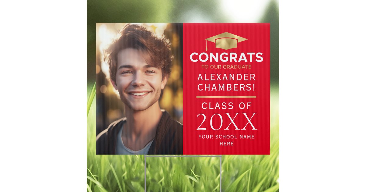 Graduation Photo Congrats Red Gold Yard Sign | Zazzle